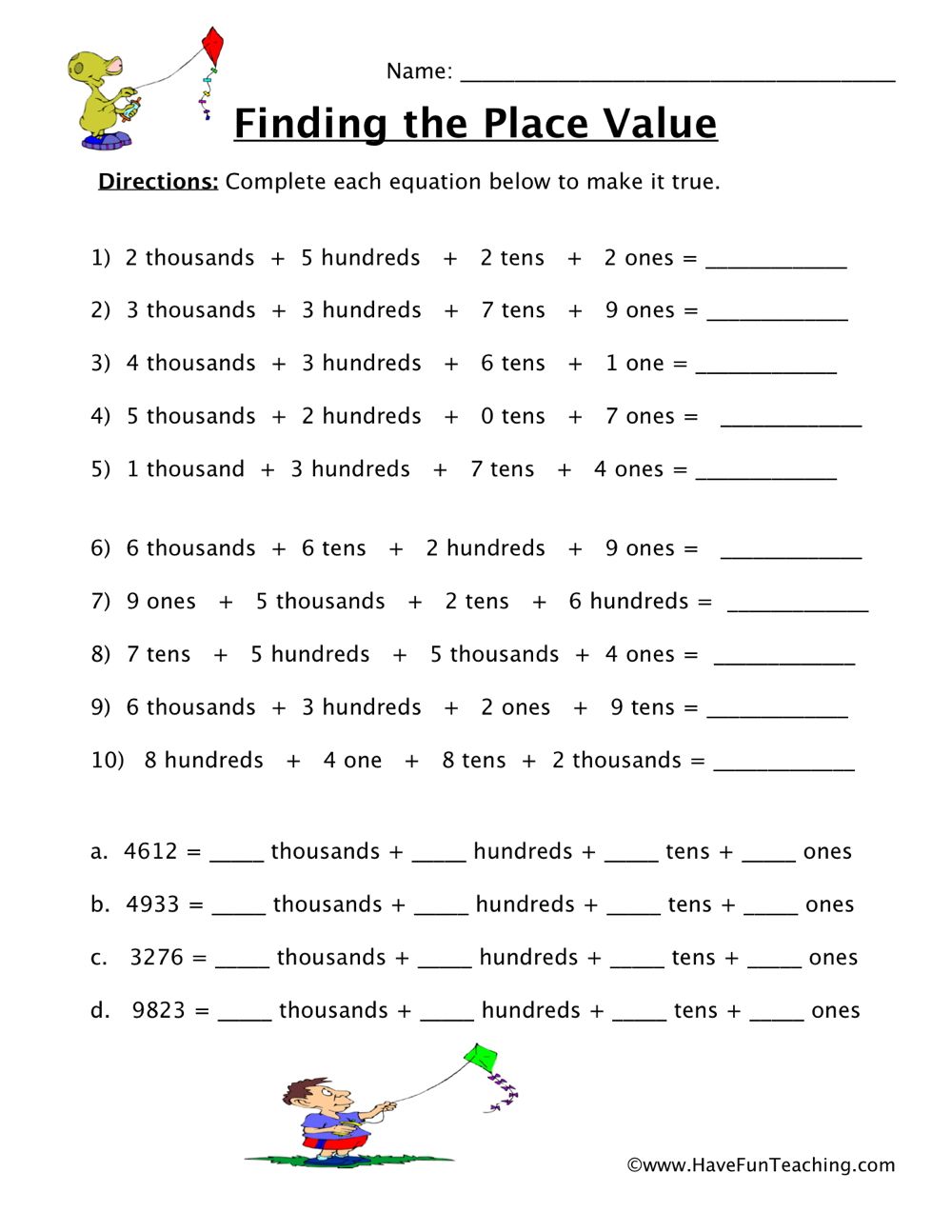 Thousands Hundreds Tens Ones Place Value Worksheet Have Fun Teaching