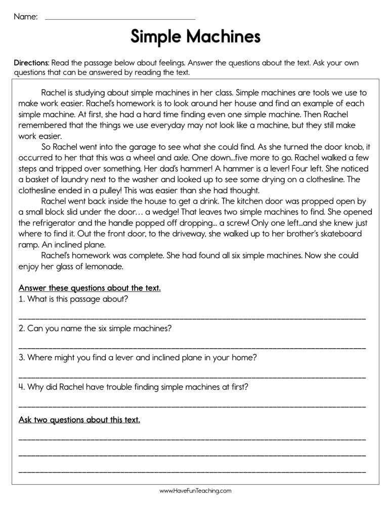 Simple Machines Reading Comprehension Worksheet Have Fun Teaching Simple Machines Reading Comprehension Worksheet Have Fun Teaching