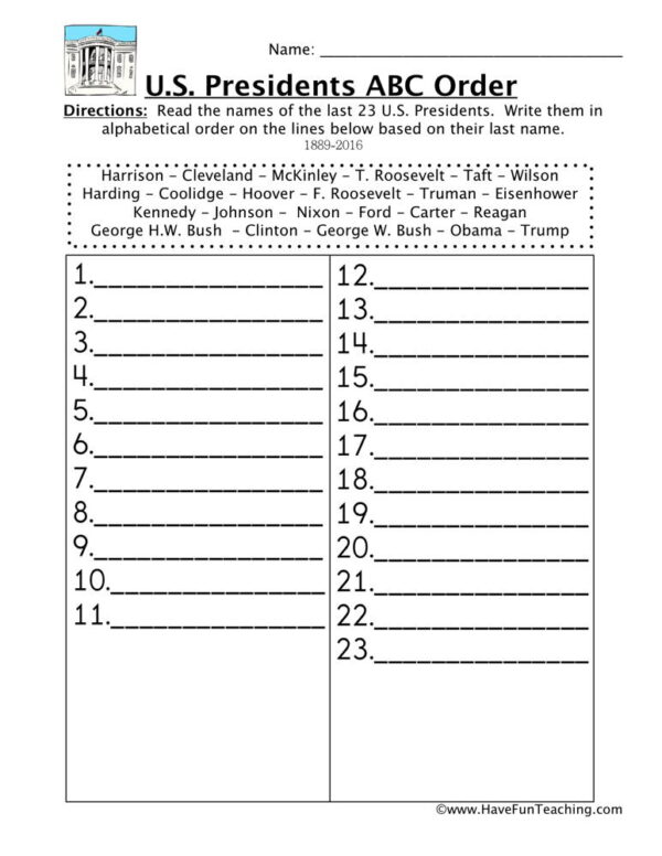 Second Half Presidents Alphabetical Order Worksheet - Have Fun Teaching
