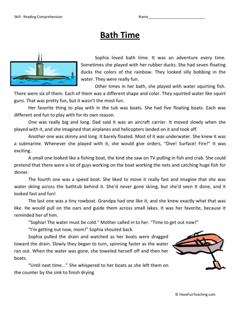 Bath Time Reading Comprehension Worksheet - Have Fun Teaching