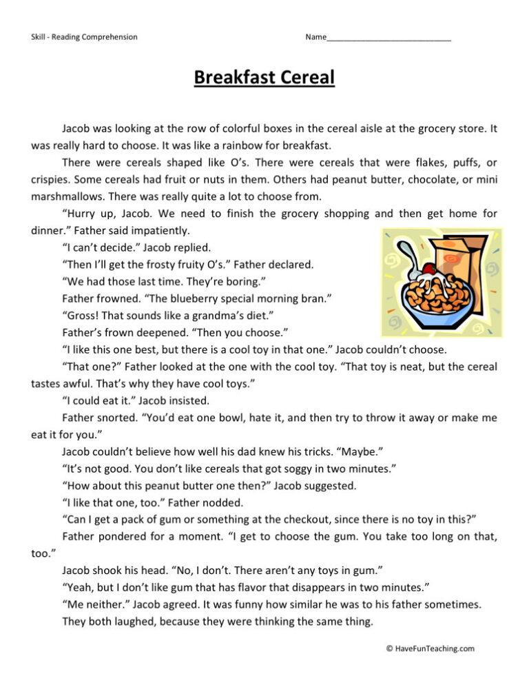 Breakfast Cereal Reading Comprehension Worksheet - Have Fun Teaching