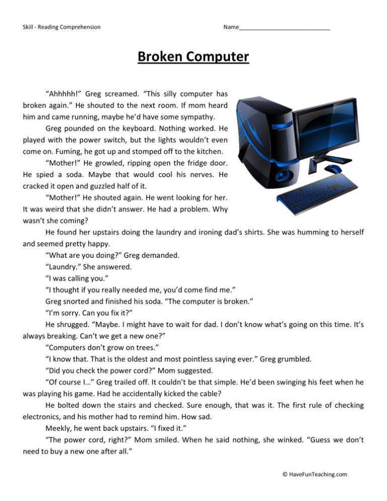 Broken Computer - Reading Comprehension Worksheet - Have Fun Teaching