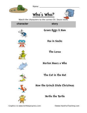 Dr. Seuss Picture Characters Matching Worksheet - Have Fun Teaching