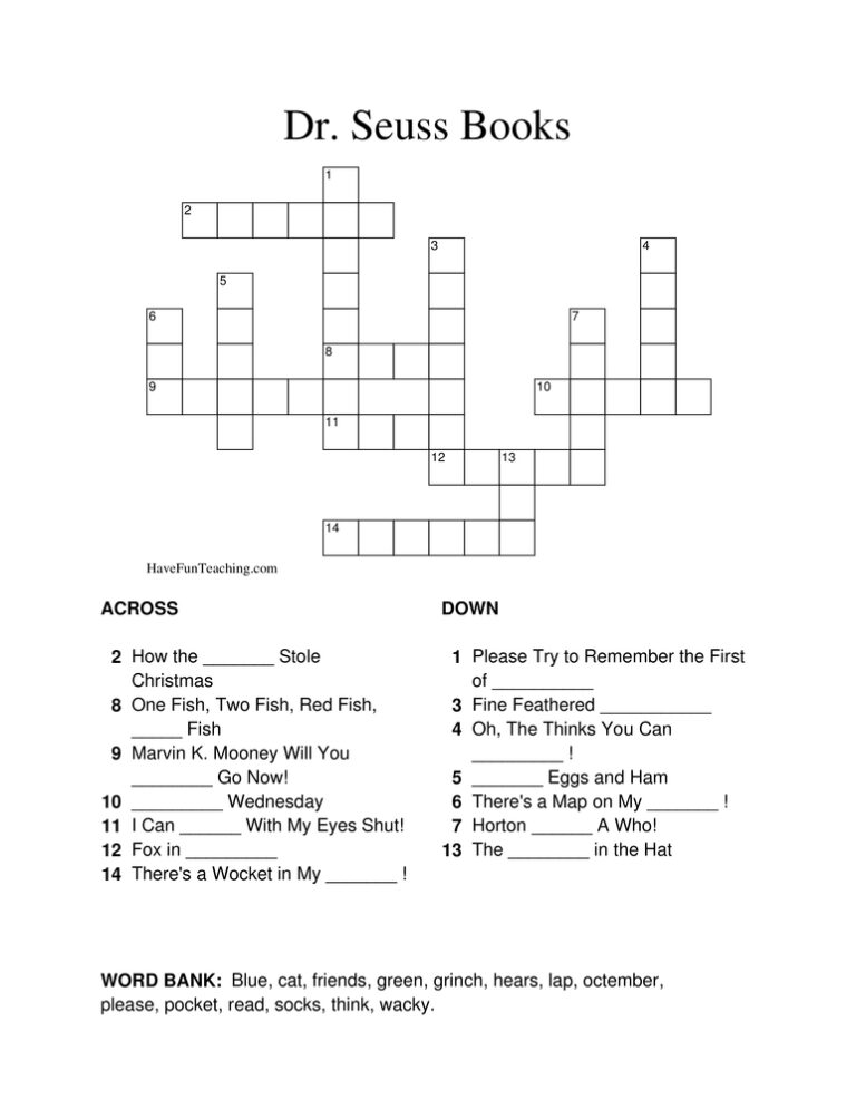 Dr. Seuss Crossword Puzzle - Have Fun Teaching