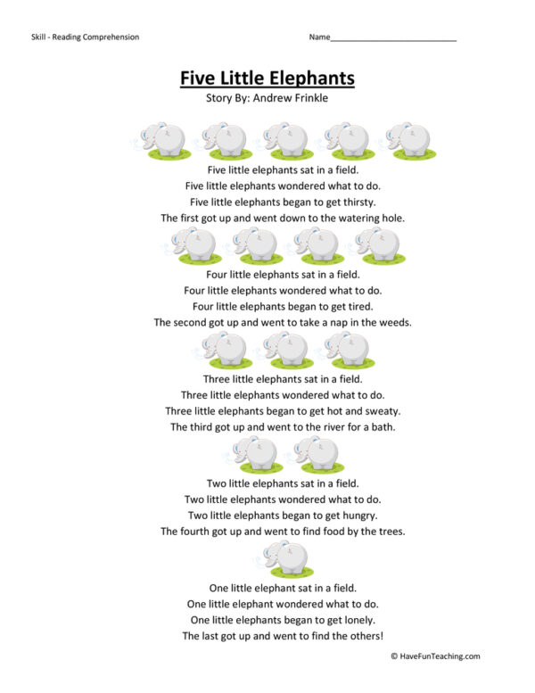 Five Little Elephants - Reading Comprehension Worksheet - Have Fun Teaching