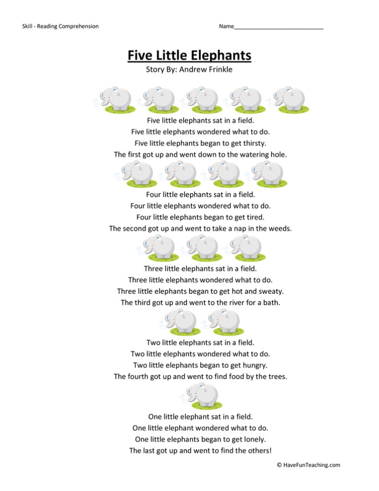 Five Little Elephants - Reading Comprehension Worksheet - Have Fun Teaching