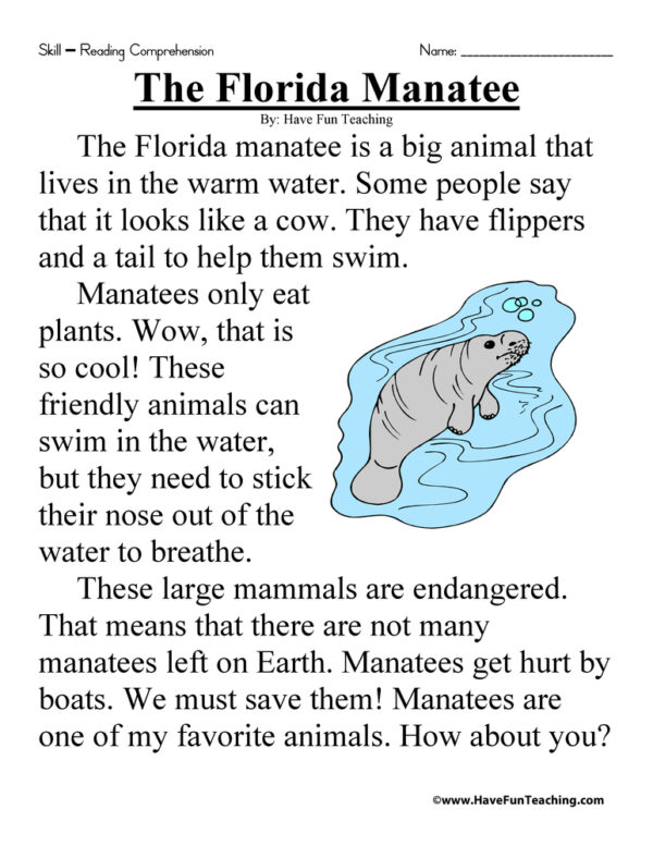 The Florida Manatee Reading Comprehension Worksheet - Have Fun Teaching