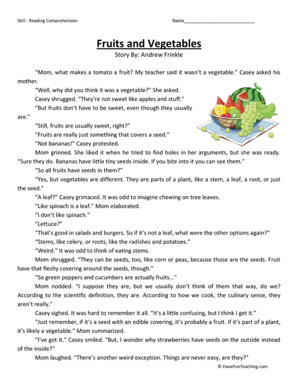 Fruits and Vegetables - Reading Comprehension Worksheet - Have Fun Teaching
