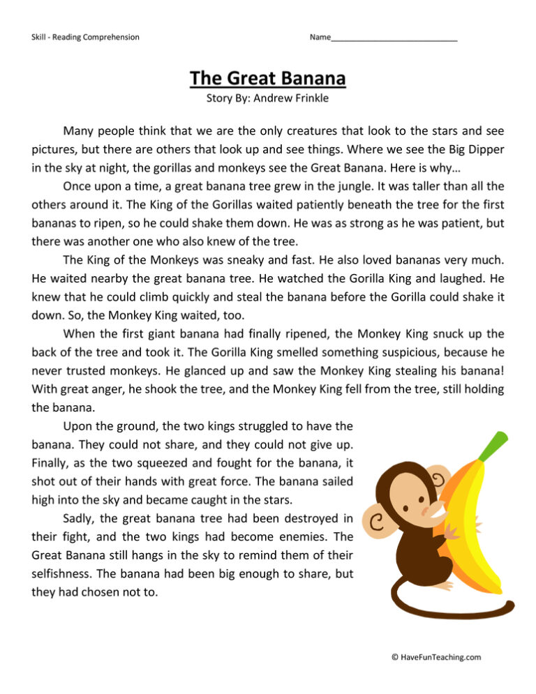 Great Banana - Reading Comprehension Worksheet - Have Fun Teaching