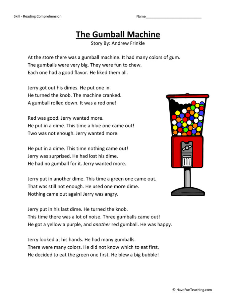 Gumball Machine - Reading Comprehension Worksheet - Have Fun Teaching