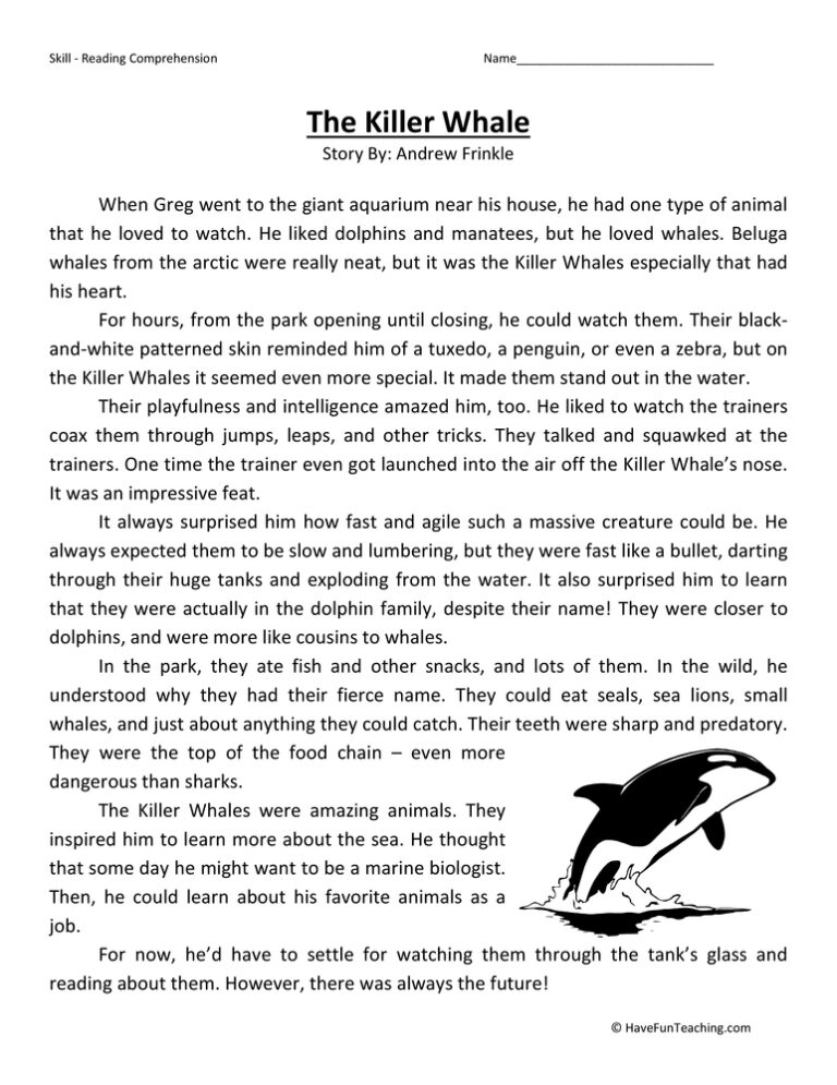 Killer Whales Reading Comprehension Worksheet - Have Fun Teaching