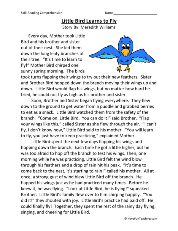 Little Bird Learns to Fly Reading Comprehension Worksheet - Have Fun ...
