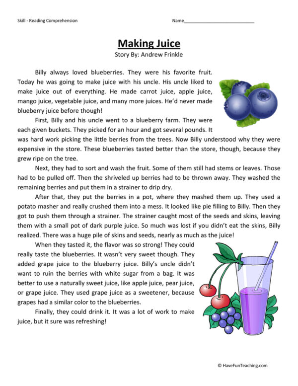 Making Juice Reading Comprehension Worksheet - Have Fun Teaching