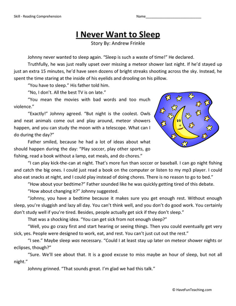 I Never Want to Sleep Reading Comprehension Worksheet - Have Fun Teaching