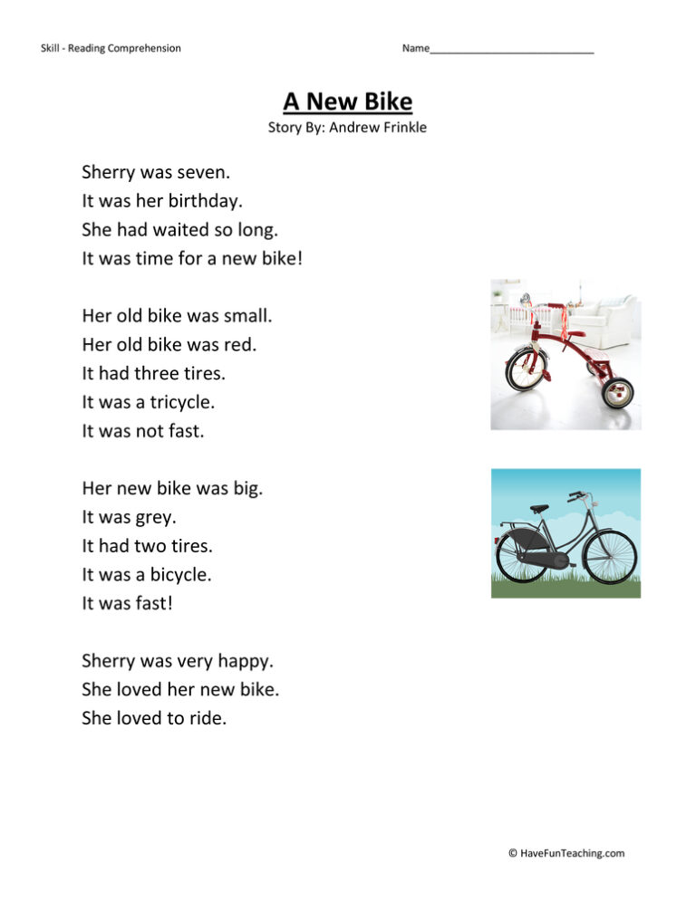New Bike Reading Comprehension Worksheet - Have Fun Teaching