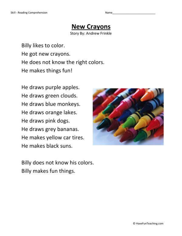 New Crayons Reading Comprehension Worksheet - Have Fun Teaching