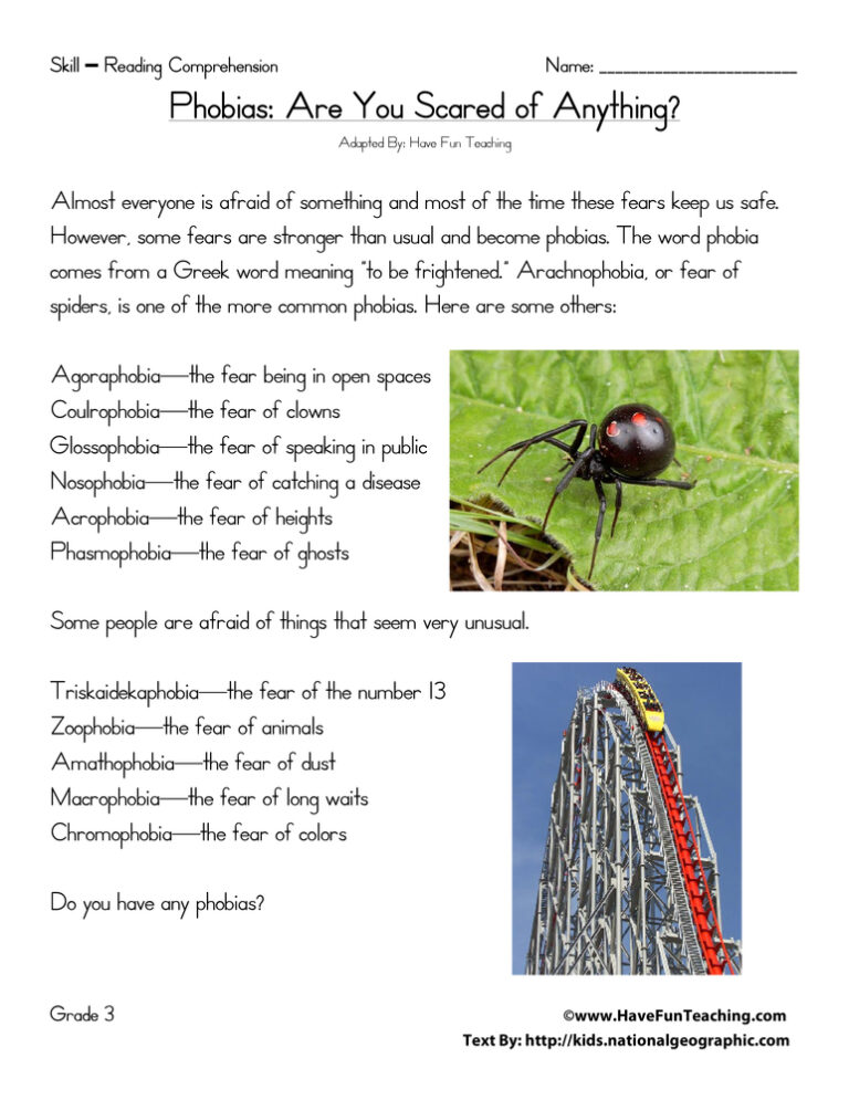Phobias: Are You Scared of Anything? Reading Comprehension Worksheet ...