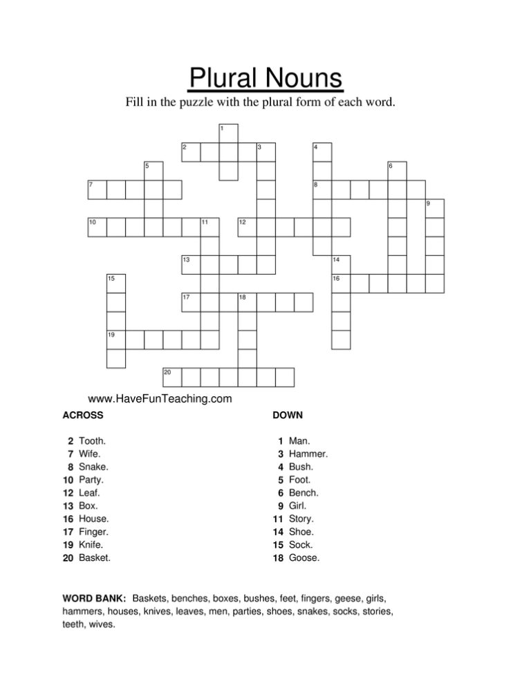 Plural Nouns Crossword Puzzle - Have Fun Teaching