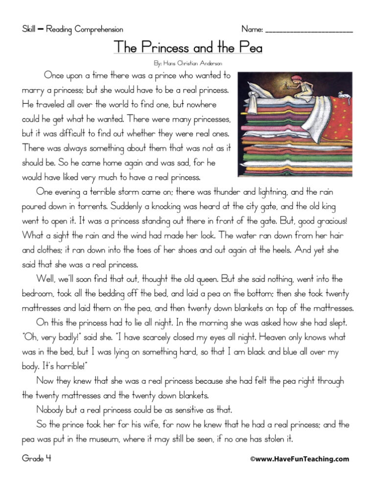 The Princess and the Pea Reading Comprehension Worksheet - Have Fun ...
