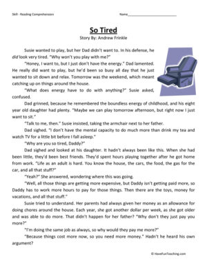 So Tired Reading Comprehension Worksheet - Have Fun Teaching