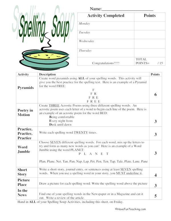 Spelling Soup Intermediate Daily Worksheet - Have Fun Teaching