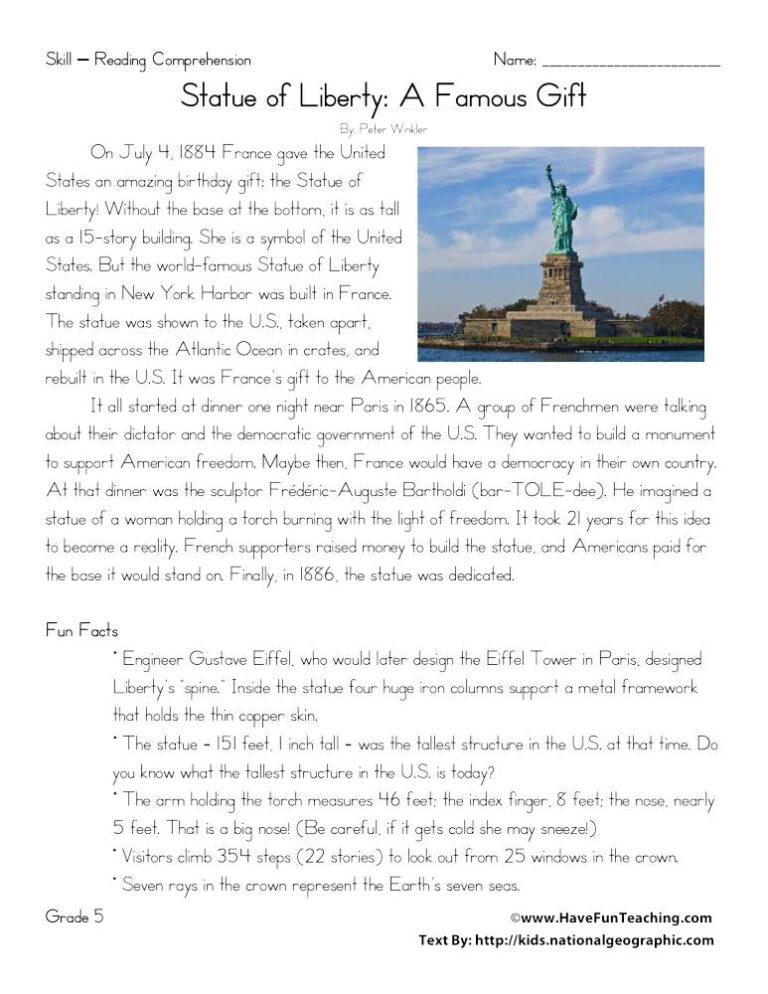 Statue of Liberty: A Famous Gift Reading Comprehension Worksheet - Have ...