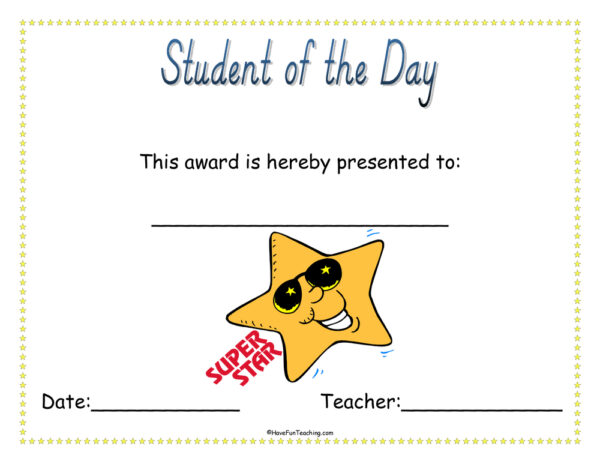 Student of the Day Reward Certificate - Have Fun Teaching