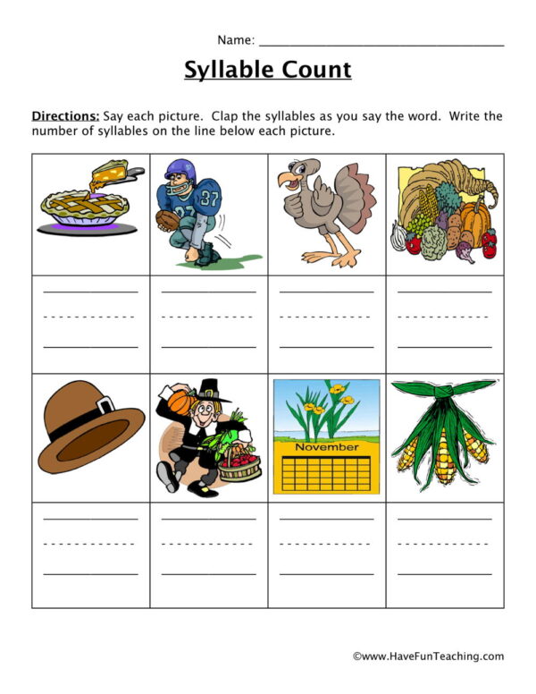 Thanksgiving Syllables Worksheet - Have Fun Teaching