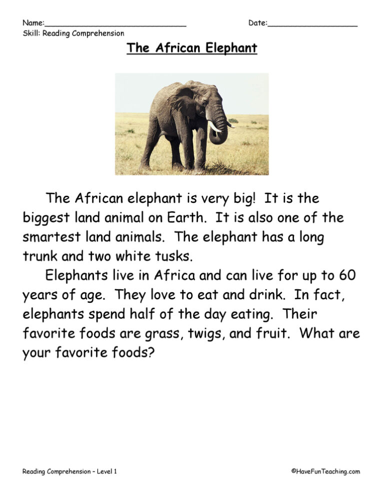 The African Elephant Reading Comprehension Worksheet - Have Fun Teaching