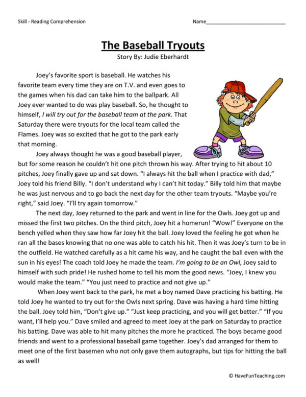The Baseball Tryouts Reading Comprehension Worksheet - Have Fun Teaching