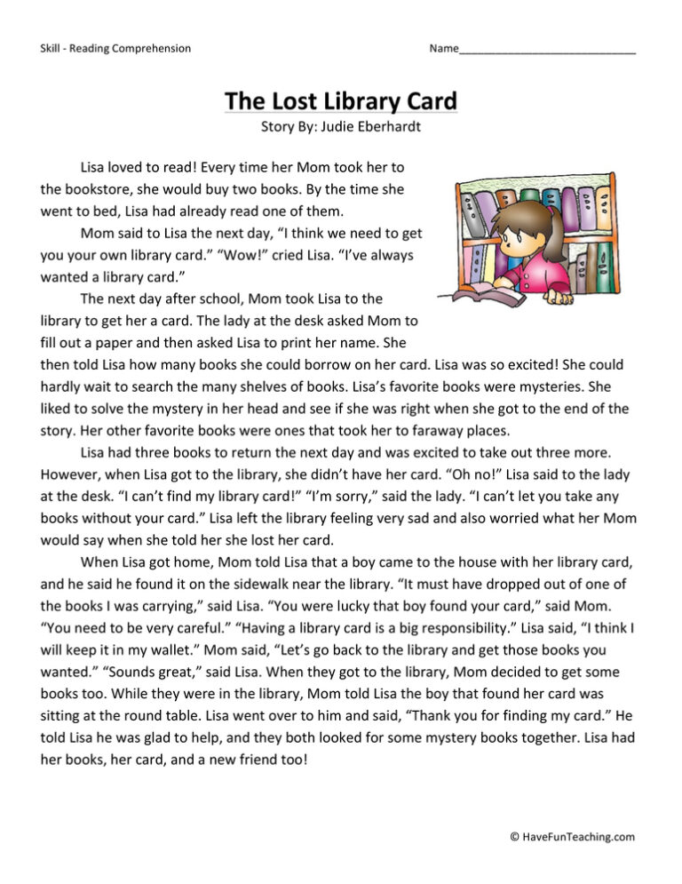 The Lost Library Card Reading Comprehension Worksheet - Have Fun Teaching