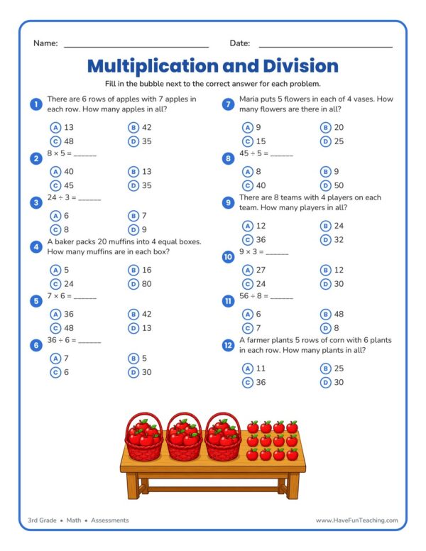 Third Grade Multiplication and Division Test Practice Worksheet - Have ...