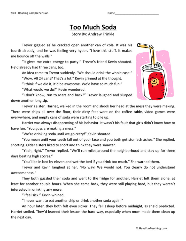 Too Much Soda Reading Comprehension Worksheet - Have Fun Teaching