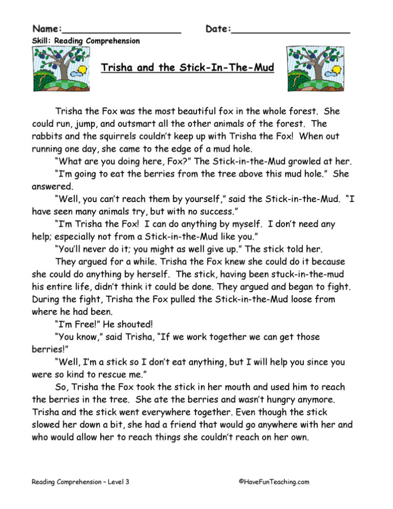 Trisha and the Stick in the Mud Reading Comprehension Worksheet - Have ...