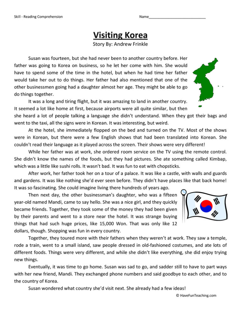 Visiting Korea Reading Comprehension Worksheet - Have Fun Teaching