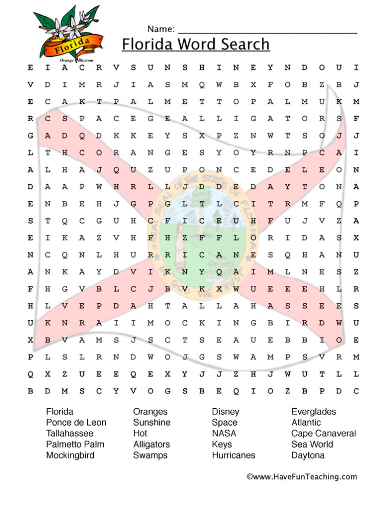 Florida Word Search Worksheet - Have Fun Teaching