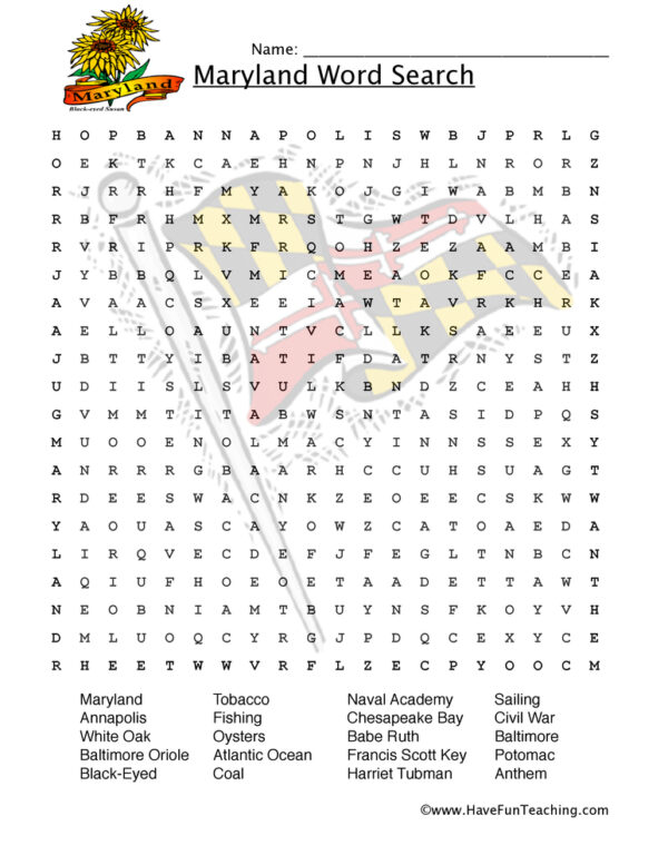 Maryland Word Search Worksheet - Have Fun Teaching