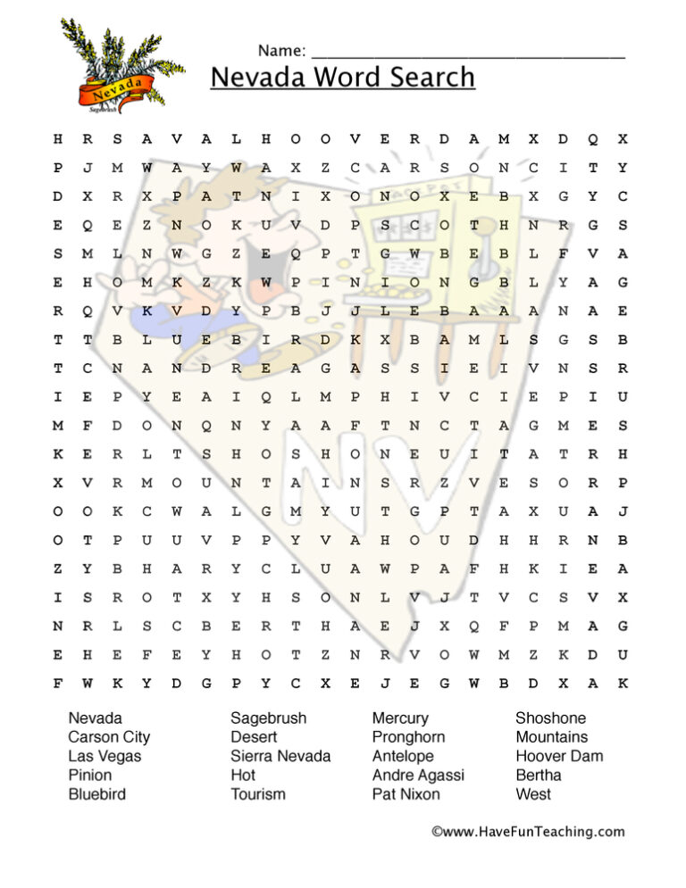 Nevada Word Search Worksheet - Have Fun Teaching