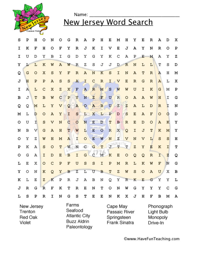 New Jersey Word Search Worksheet - Have Fun Teaching