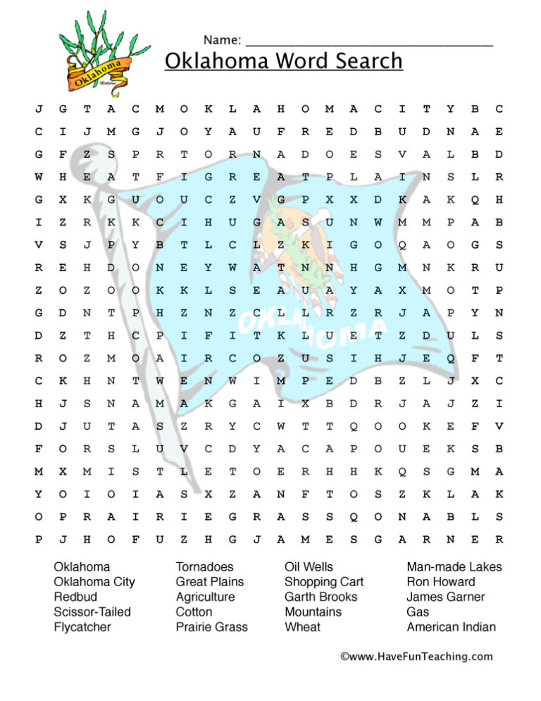 Oklahoma Word Search Worksheet - Have Fun Teaching