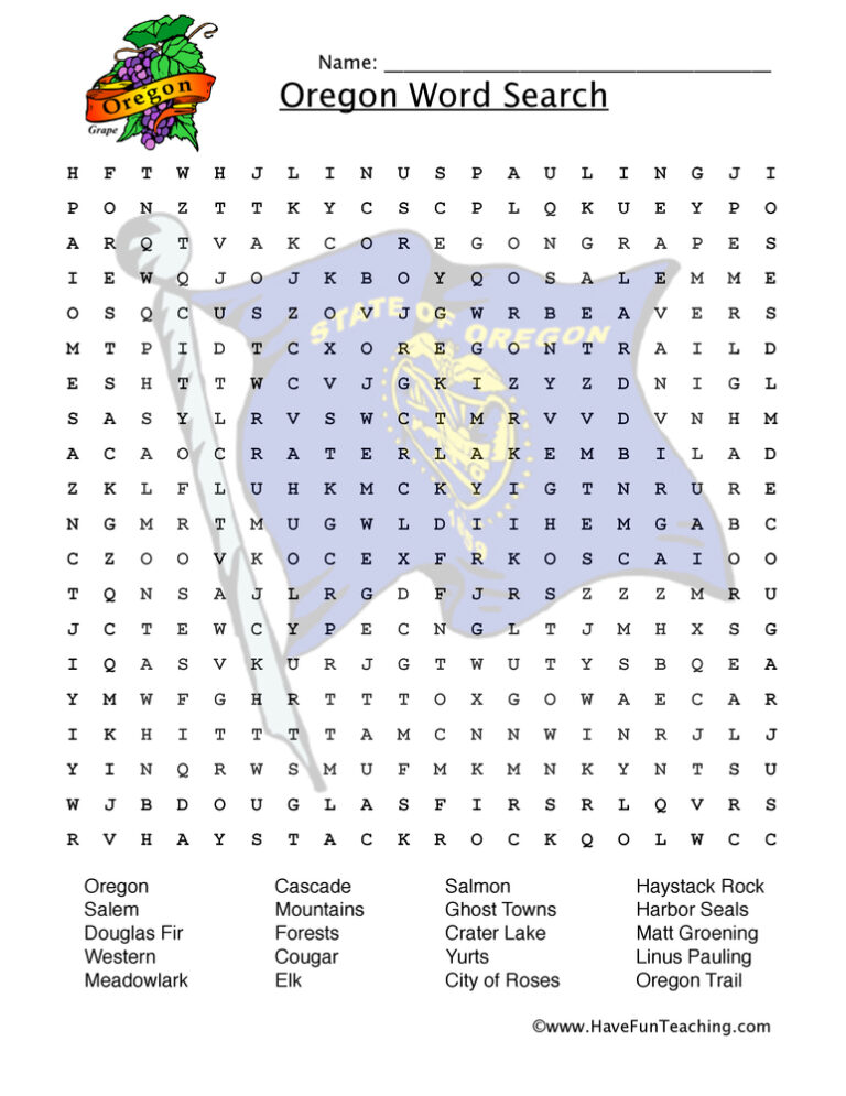 Oregon Word Search Worksheet - Have Fun Teaching