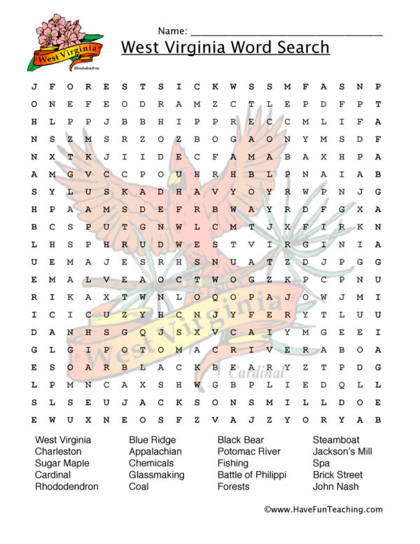 West Virginia Word Search Worksheet - Have Fun Teaching