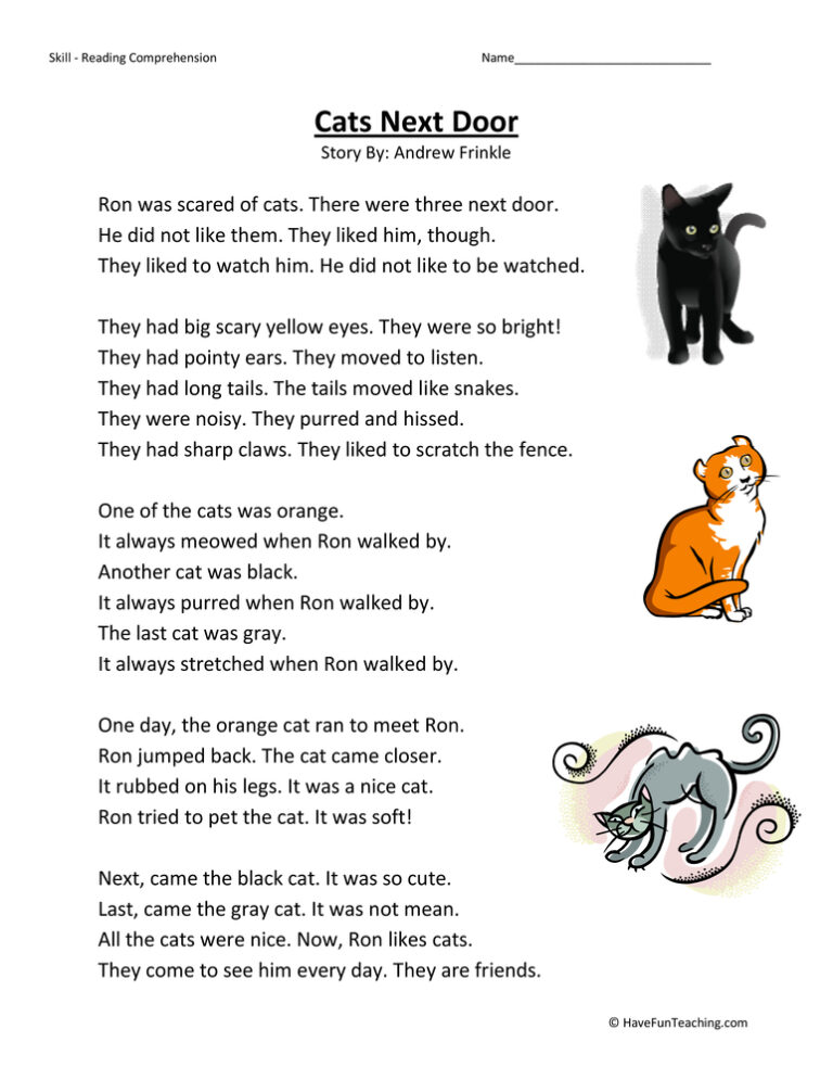 Cats Next Door - Reading Comprehension Worksheet - Have Fun Teaching