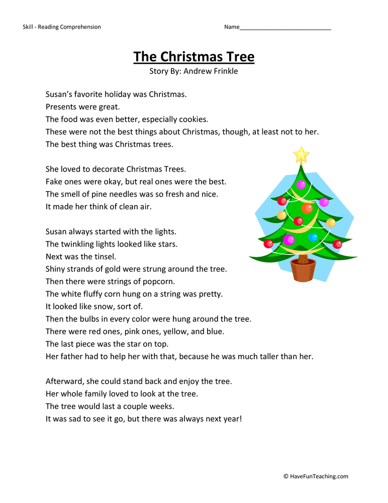 Christmas Tree Reading Comprehension Worksheet Christmas Tree Reading Comprehension Worksheet