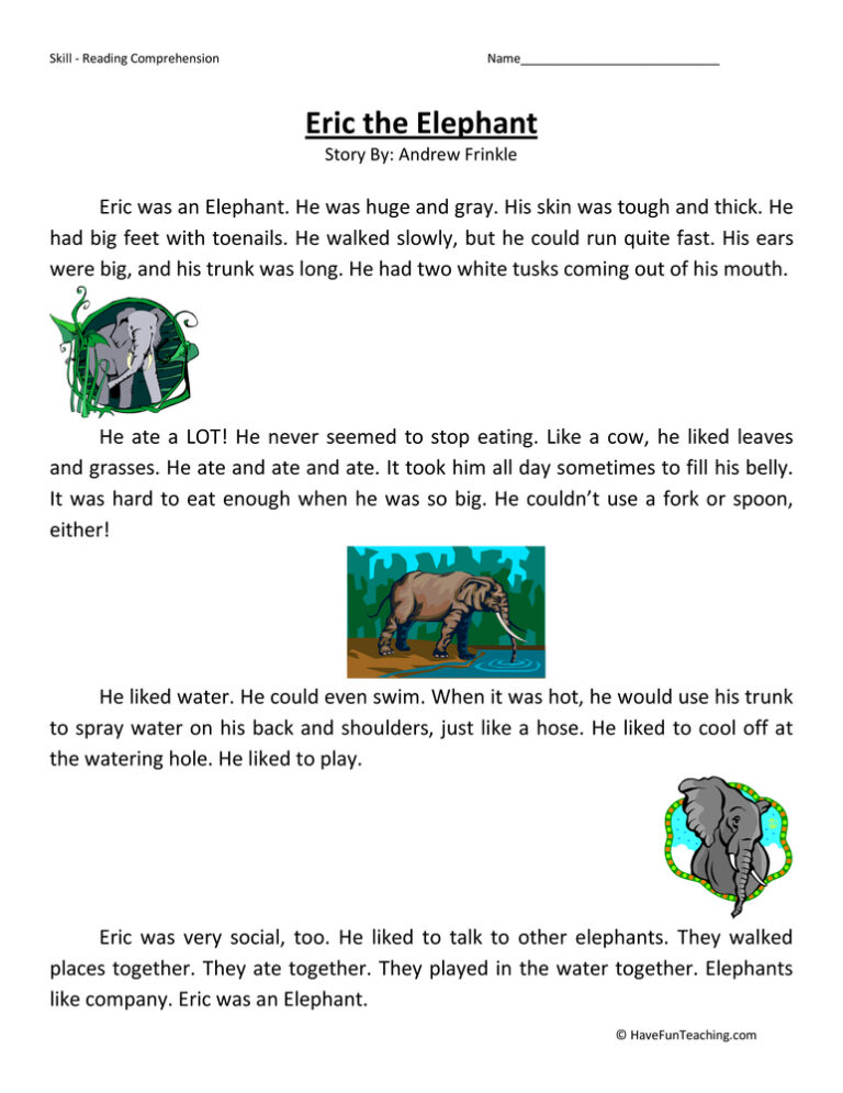 Eric the Elephant - Reading Comprehension Worksheet - Have Fun Teaching
