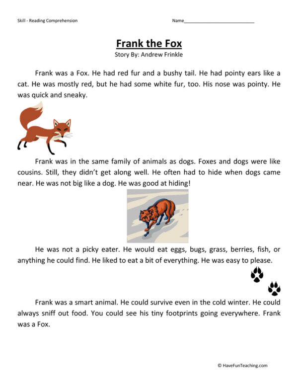 Frank the Fox - Reading Comprehension Worksheet - Have Fun Teaching