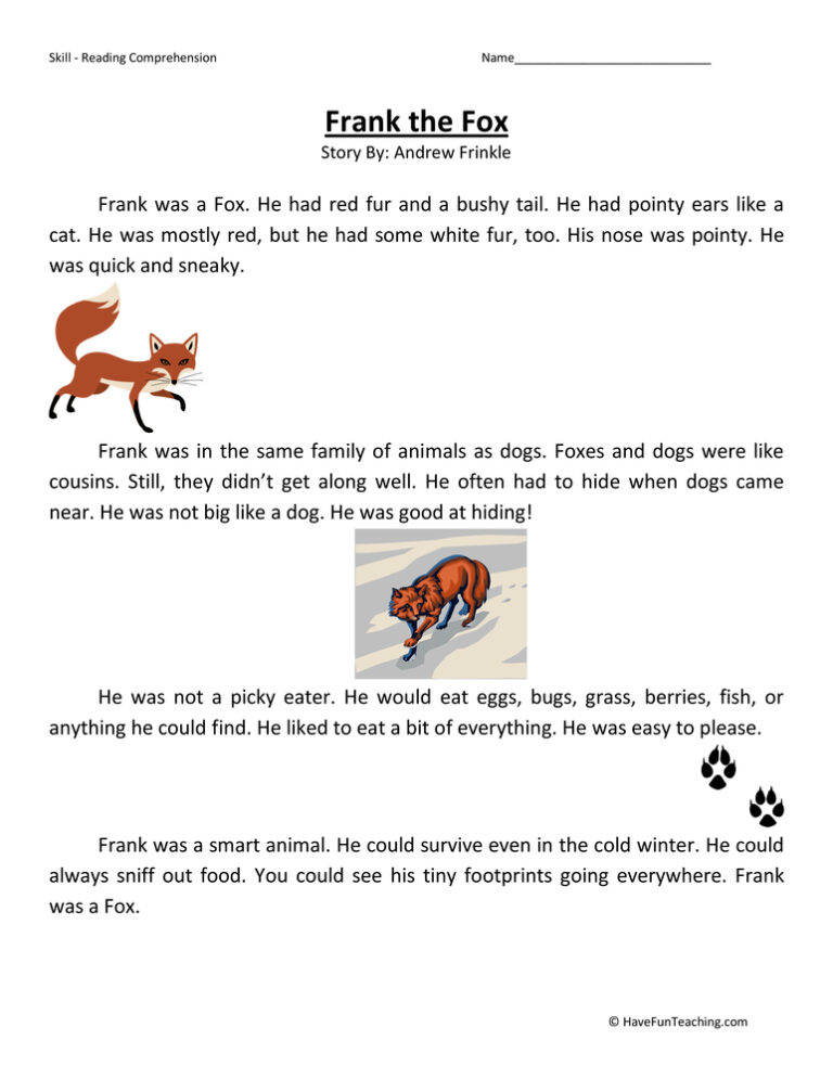 Frank the Fox - Reading Comprehension Worksheet - Have Fun Teaching