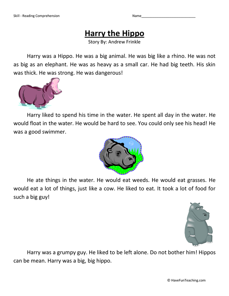 Harry the Hippo - Reading Comprehension Worksheet - Have Fun Teaching