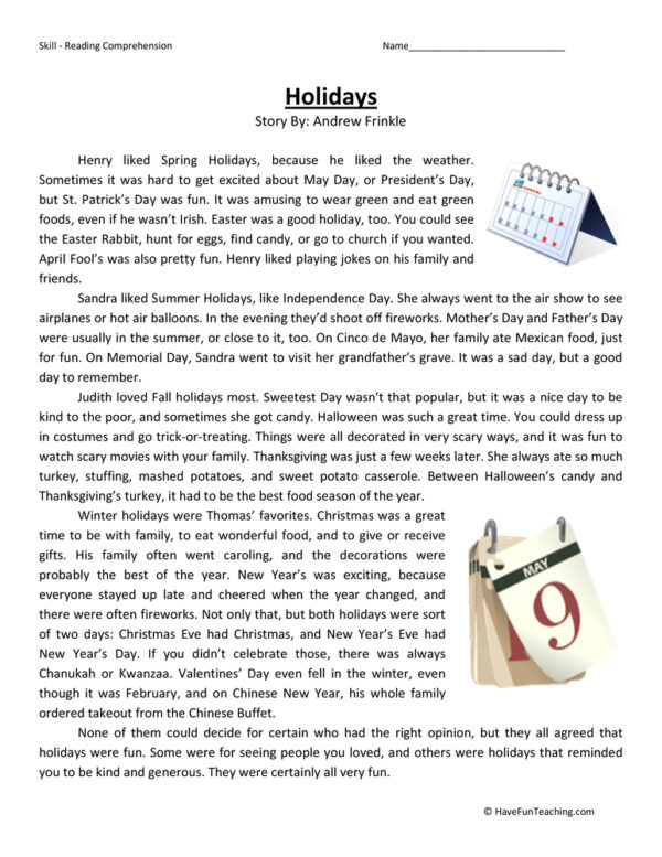 Holidays - Reading Comprehension Worksheet - Have Fun Teaching