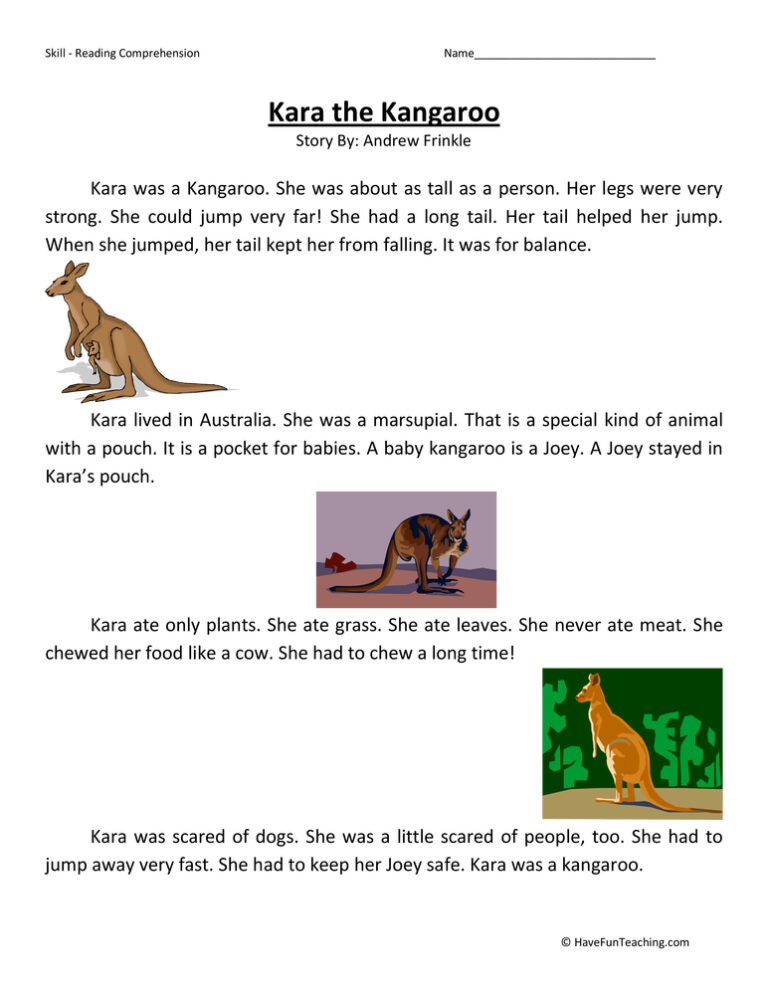 Kara the Kangaroo Reading Comprehension Worksheet - Have Fun Teaching